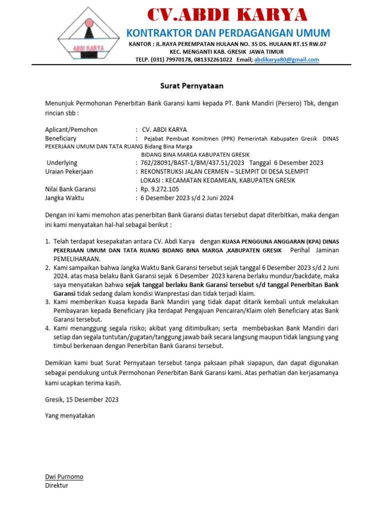 Surat Pernyataan Cv. Abdi Karya | PDF