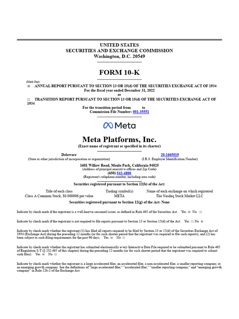 Meta 20221231 | PDF | Form 10 K | Privacy