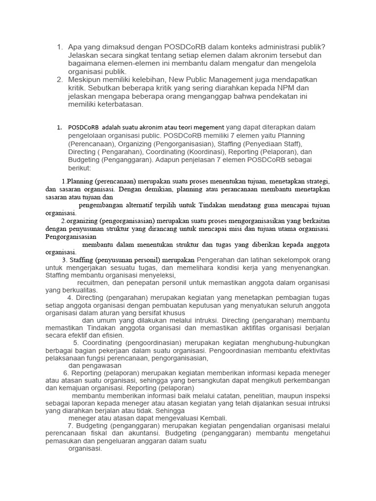 Apa Yang Dimaksud Dengan POSDCoRB Dalam Konteks Administrasi Publik | PDF
