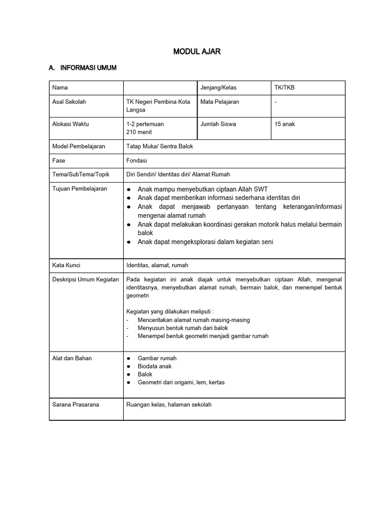 Modul Ajar Minggu 1 (Identitas) Sentra Balok | PDF | Seni & Disiplin ...