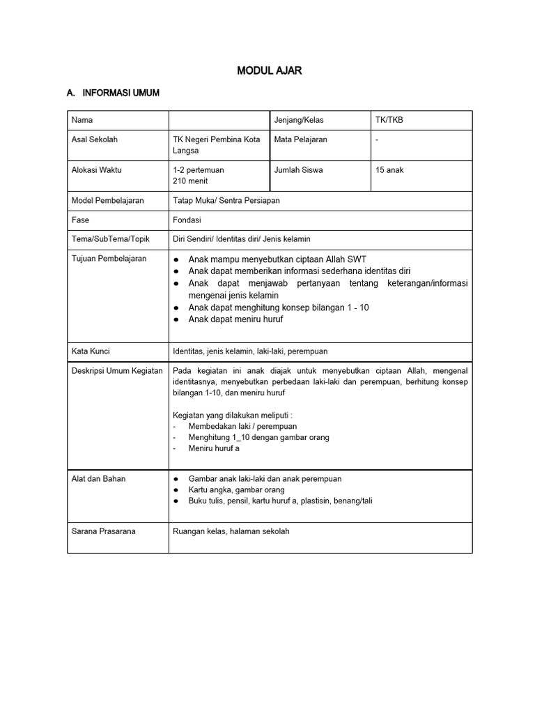 Modul Ajar Minggu 1 (Identitas) Sentra Persiapan | PDF