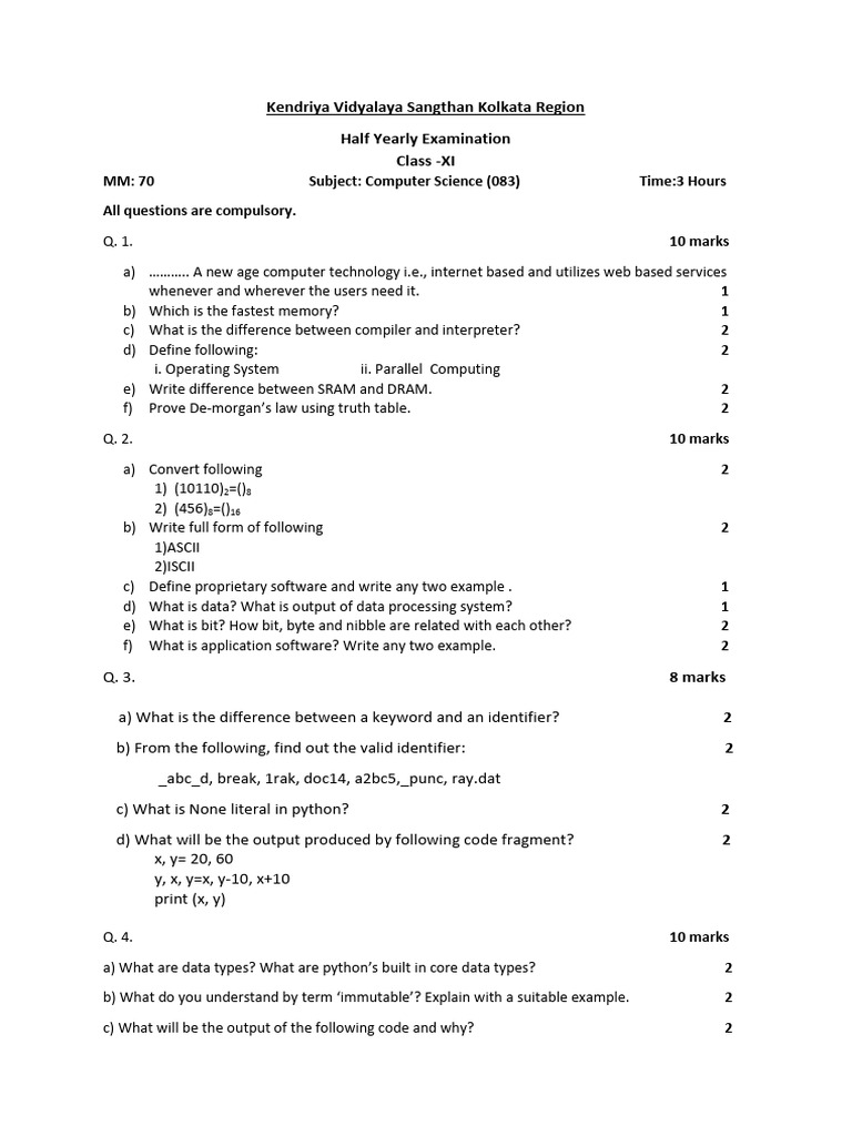Class XI Computer Science Exam Paper | PDF | Computing | String ...