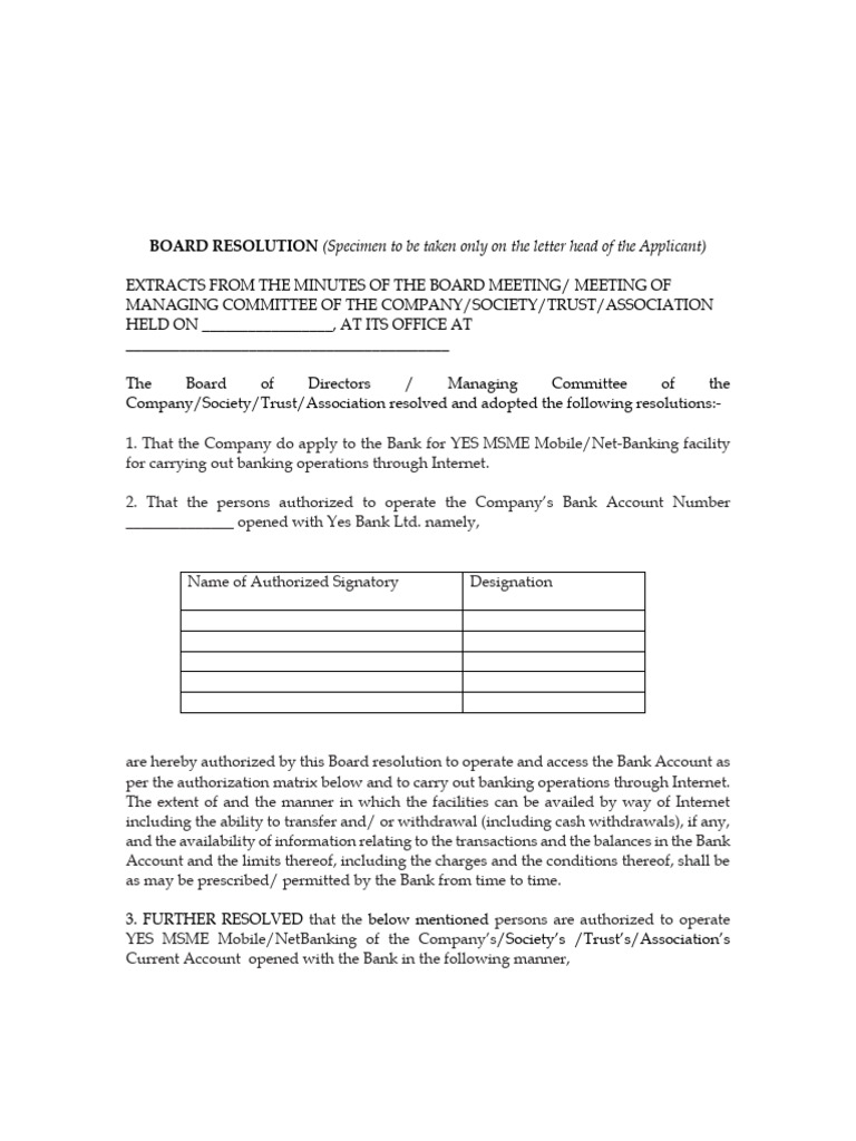 Yes Msme Board Resolution | PDF | Online Banking | Banks & Banking