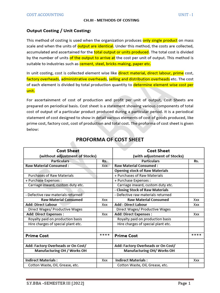 Revised Unit 1 - Ch. - Methods of Costing - 25!07!2021 | PDF | Cost | Cost Of Goods Sold