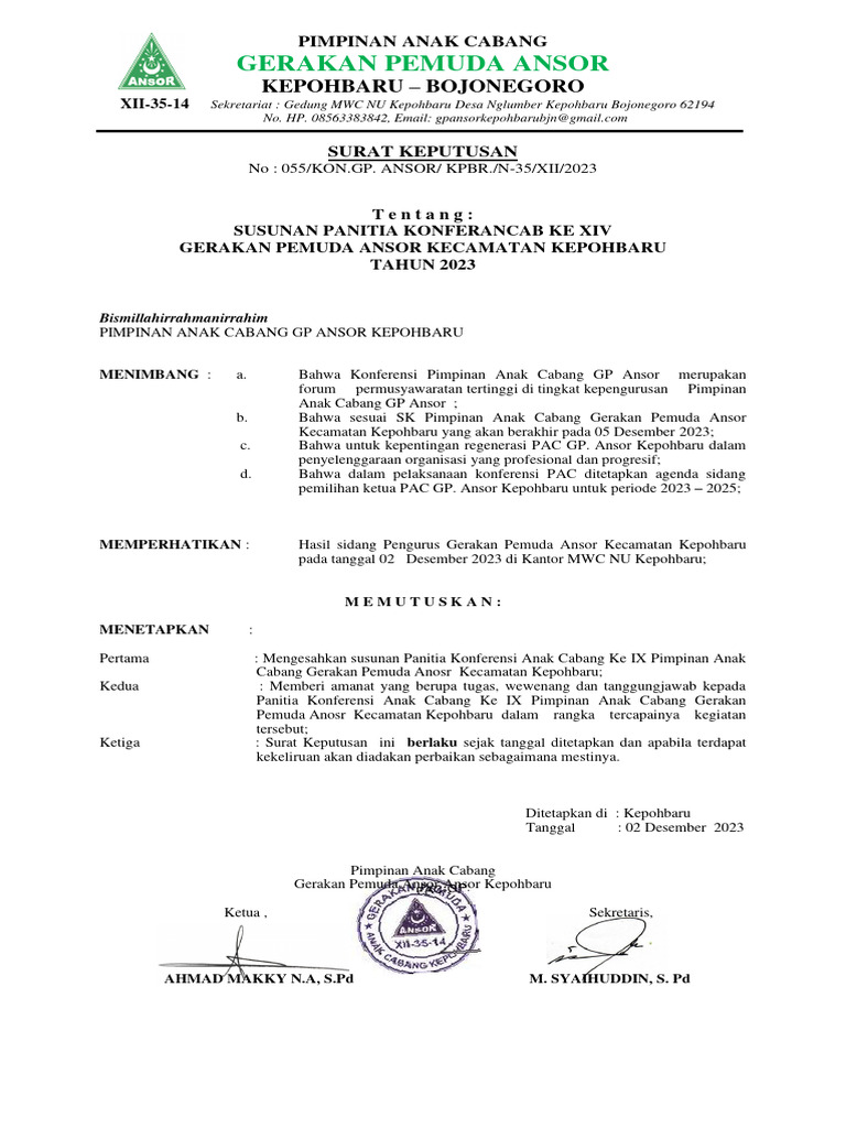 SK Pan Konferensi Ansor 2023 | PDF