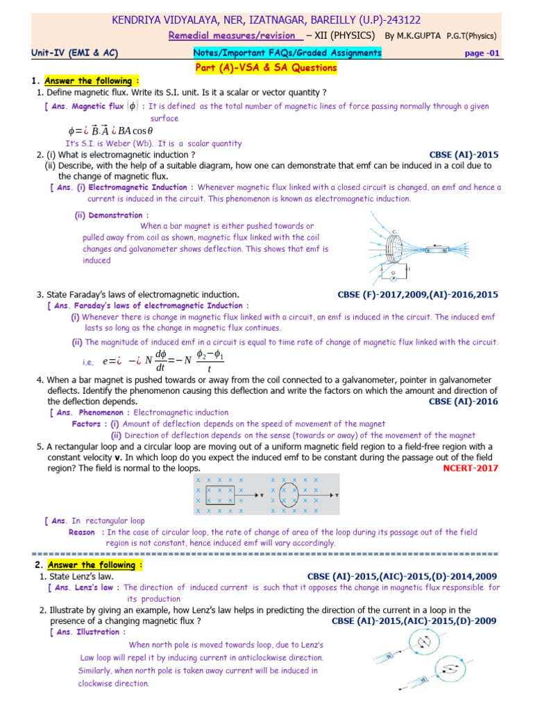XII Physics EMI & AC Revision Notes | PDF | Electromagnetic Induction ...