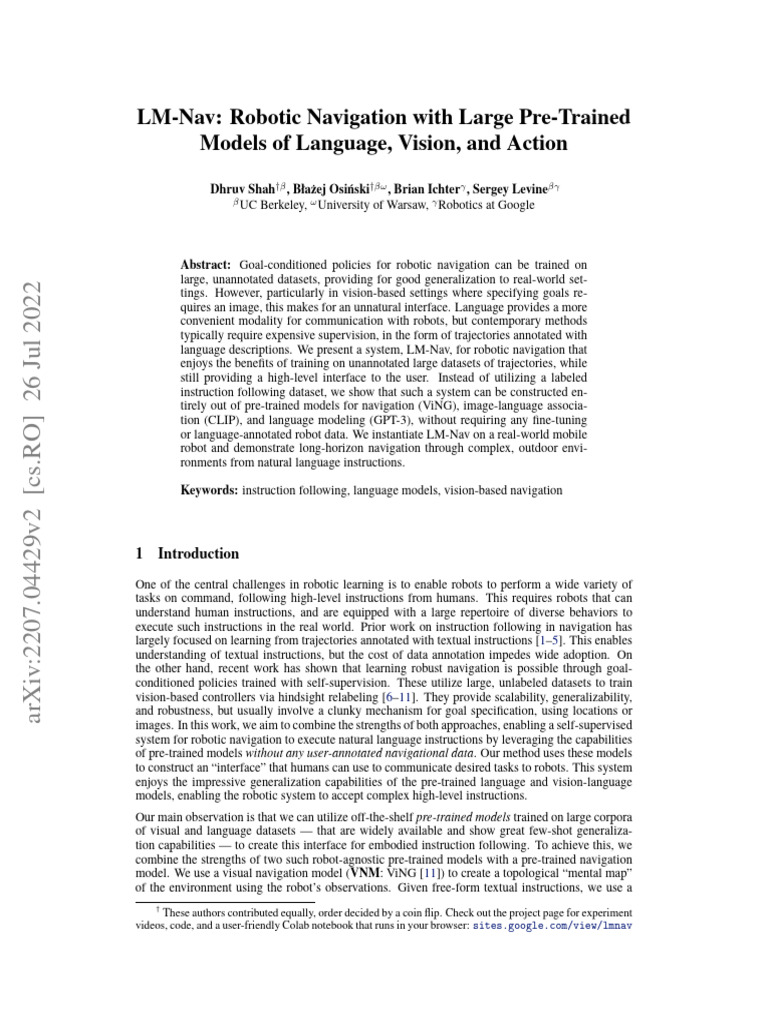 LM-Nav - Robotic Navigation With Large Pre-Trained Models of Language, Vision, and Action | PDF ...