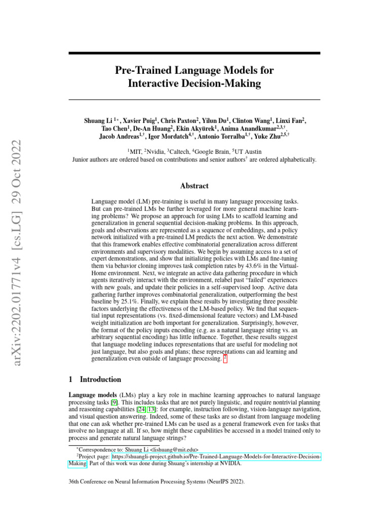 Pre-Trained Language Models For Interactive Decision-Making | PDF ...