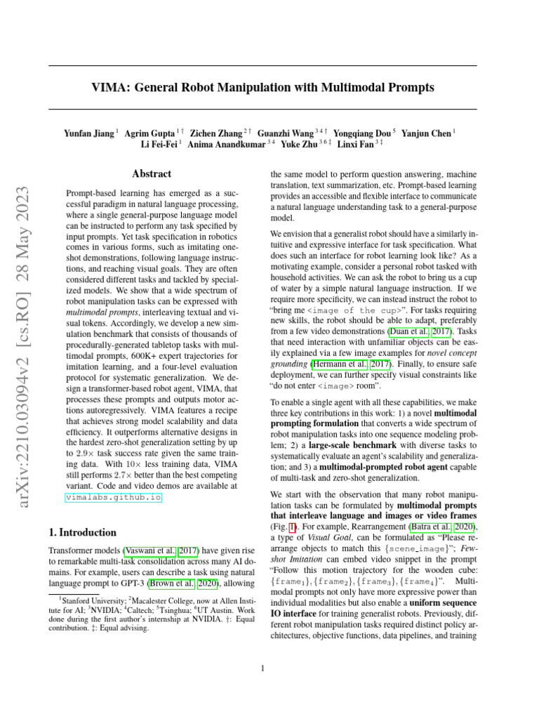 VIMA - General Robot Manipulation With Multimodal Prompts | PDF | Simulation | Computing