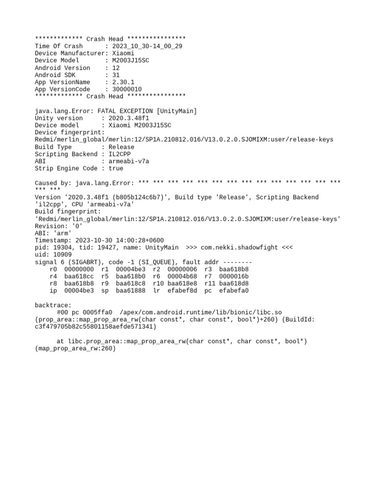 Xiaomi Crash Report for Unity App | PDF | Computers