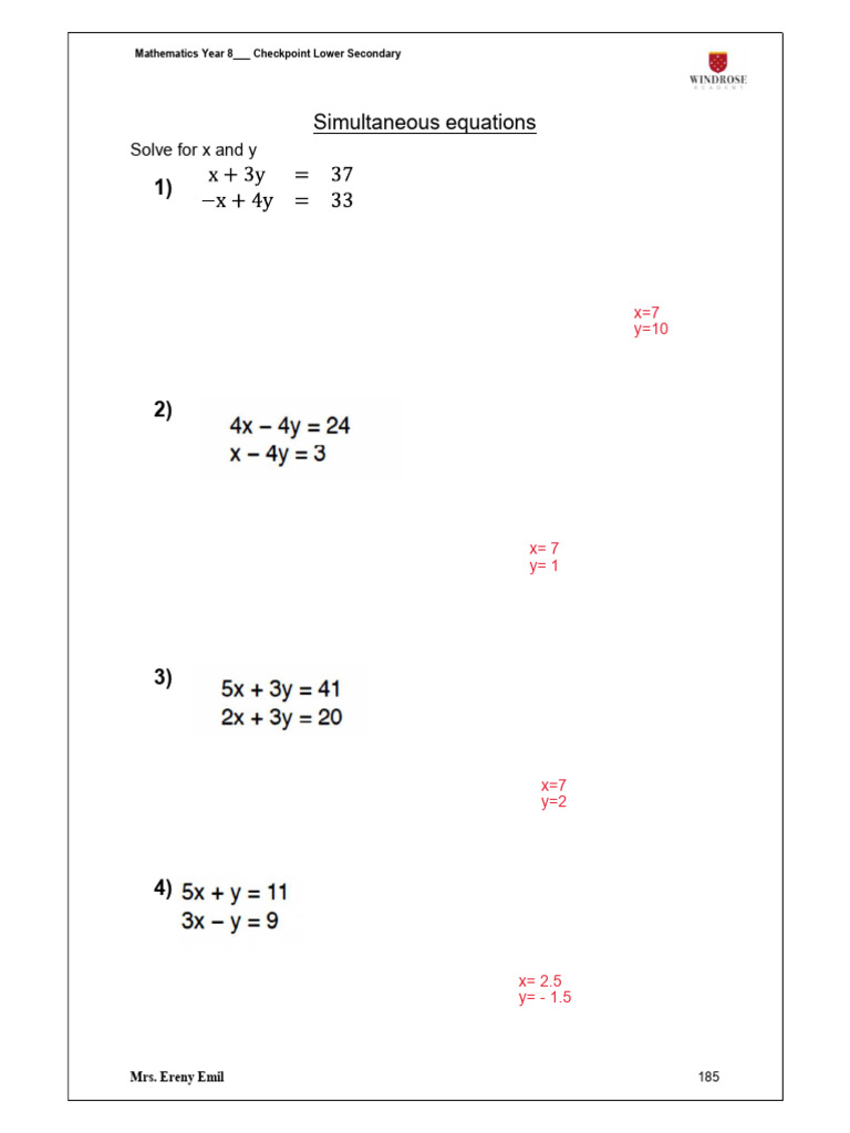 Simultaneous Equations Answers | PDF