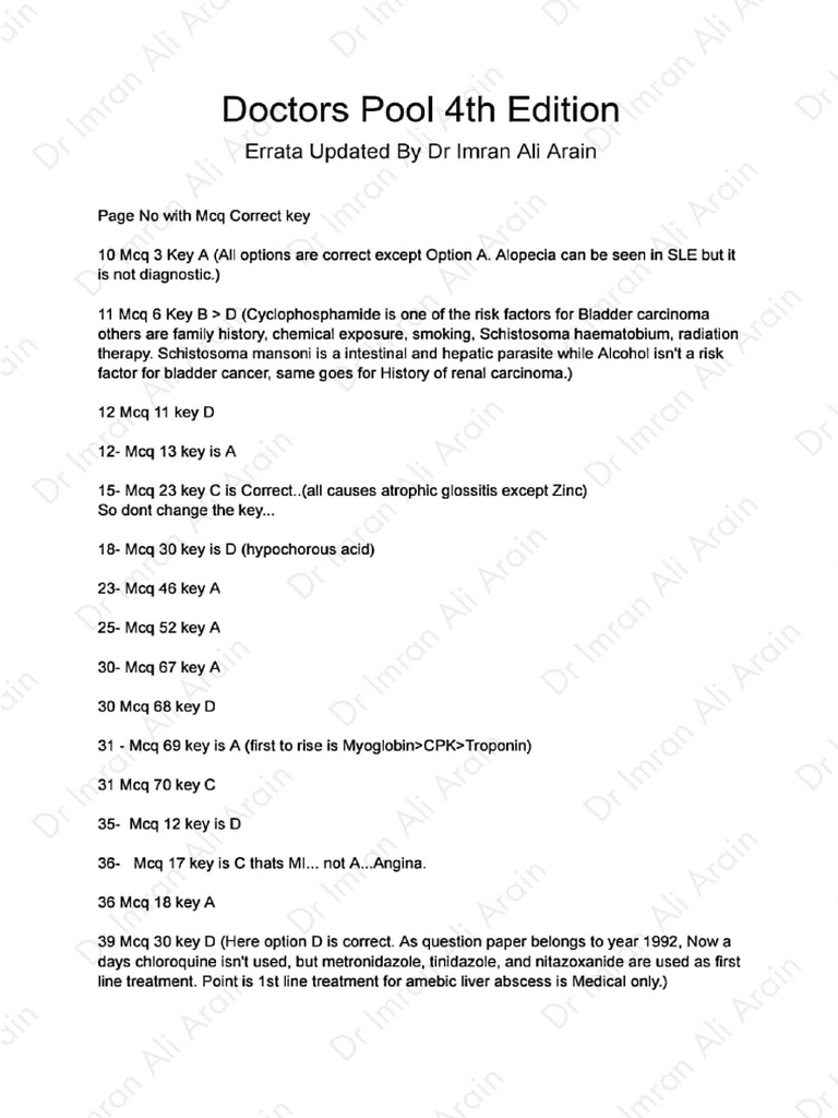 Errata of Doctors Pool 4th Edition by DR Imran Ali Arain | PDF
