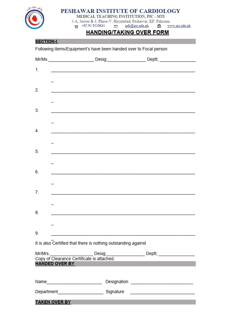 Handing Taking Over Form | PDF
