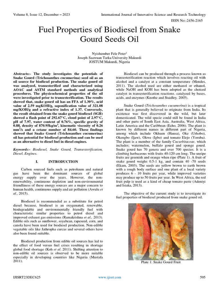 Fuel Properties of Biodiesel from Snake Gourd Seeds Oil | PDF ...