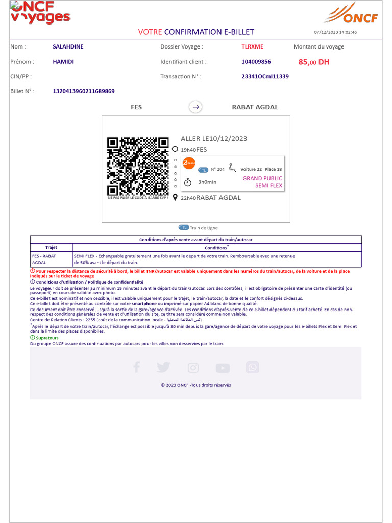Billet e-TNR ONCF : Conditions et Infos | PDF | Transport | Transport ...