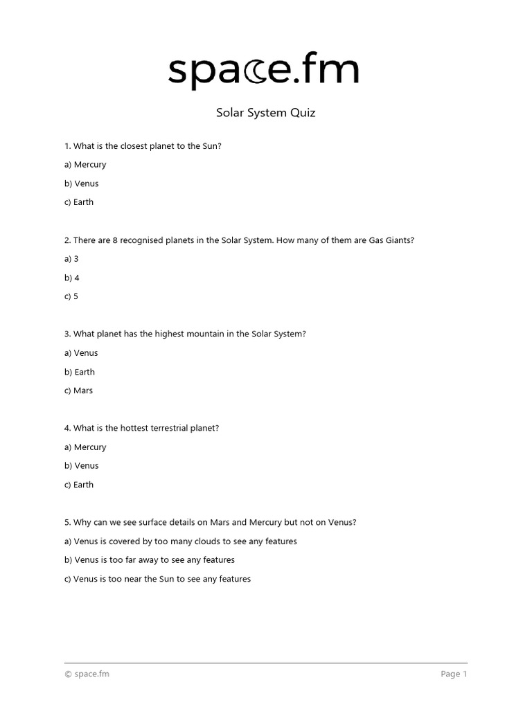 Solar System Quiz Pdf Planets Meteoroid