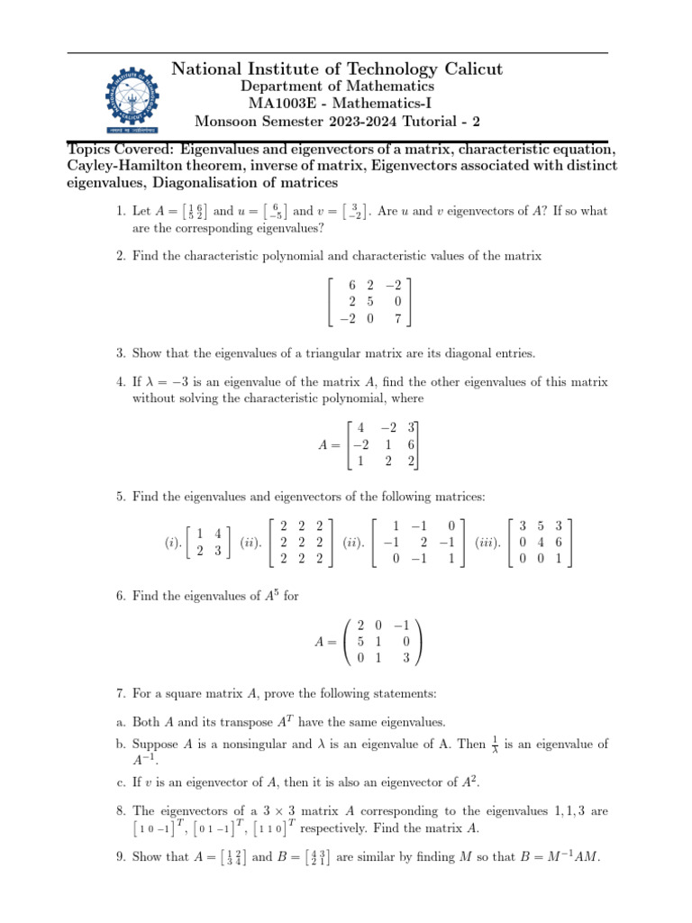 Tutorial sheet-2-MA1003E | PDF | Eigenvalues And Eigenvectors | Matrix (Mathematics)