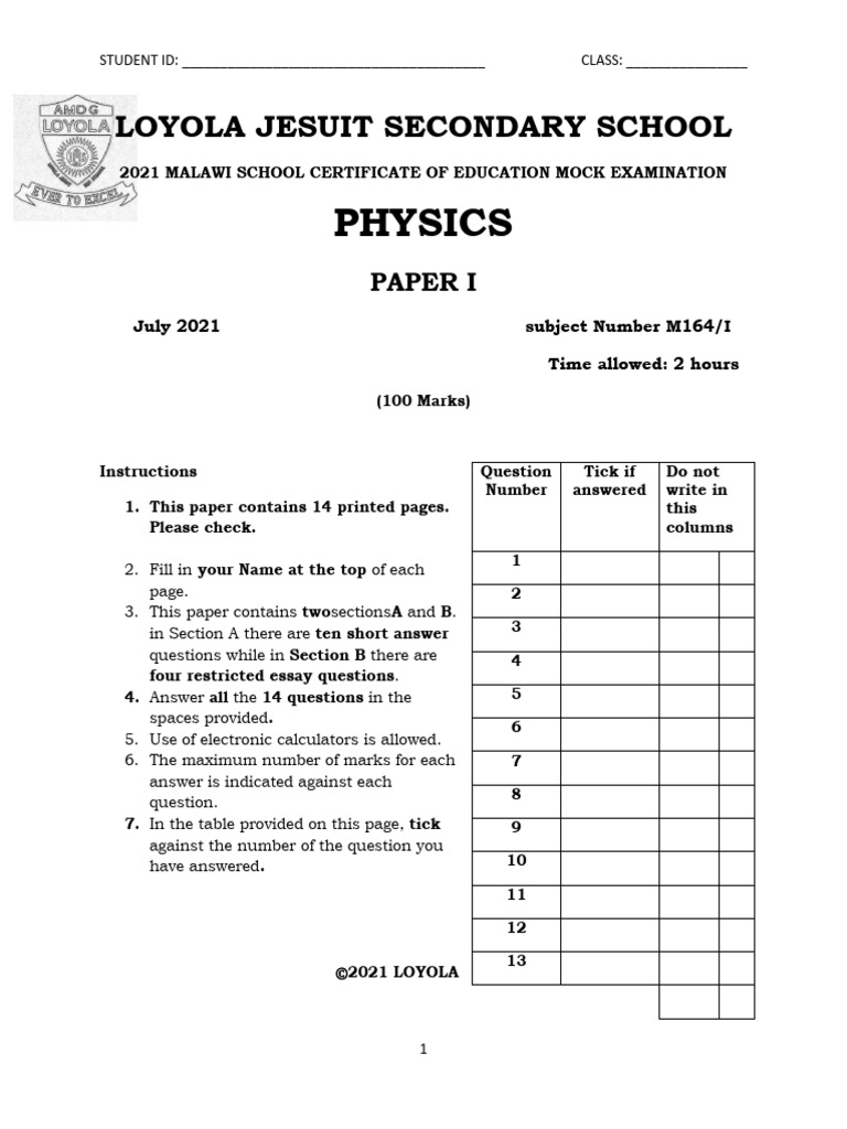 2021 Msce Physics Paper I Loyola | PDF | Series And Parallel Circuits ...