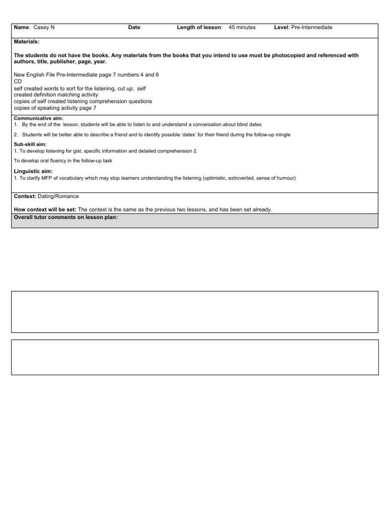 Sample Lesson Plan - Listening | PDF | Vocabulary | Linguistics