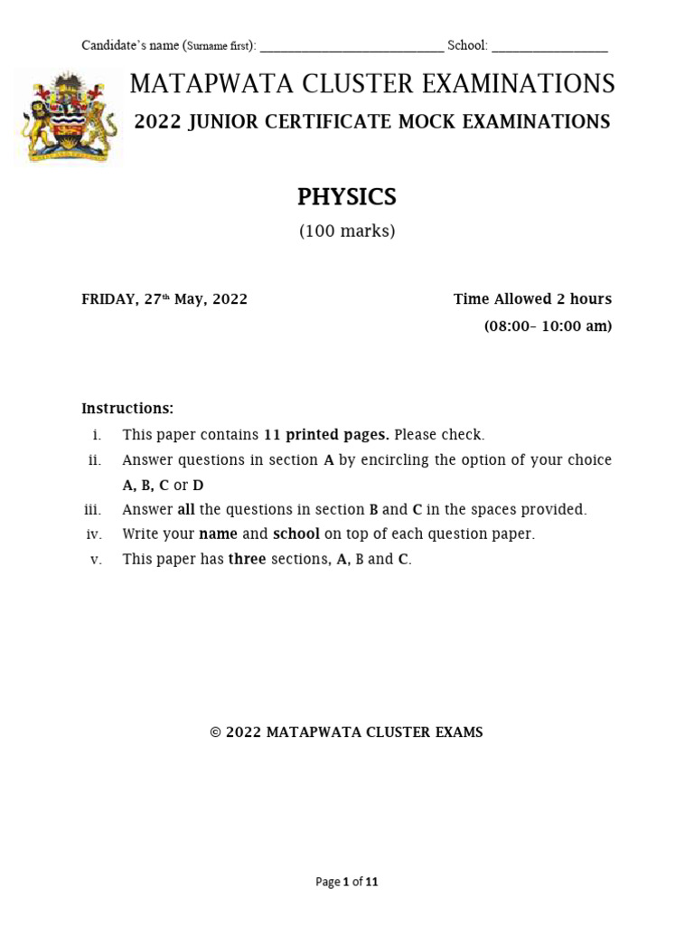 Phy Jce Mock 2022 | PDF | Heat | Radioactive Decay