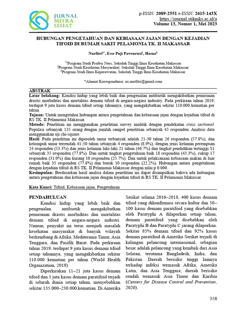 Hubungan Pengetahuan Dan Kebiasaan Jajan Dengan Kejadian Tifoid 2023 PDF | PDF
