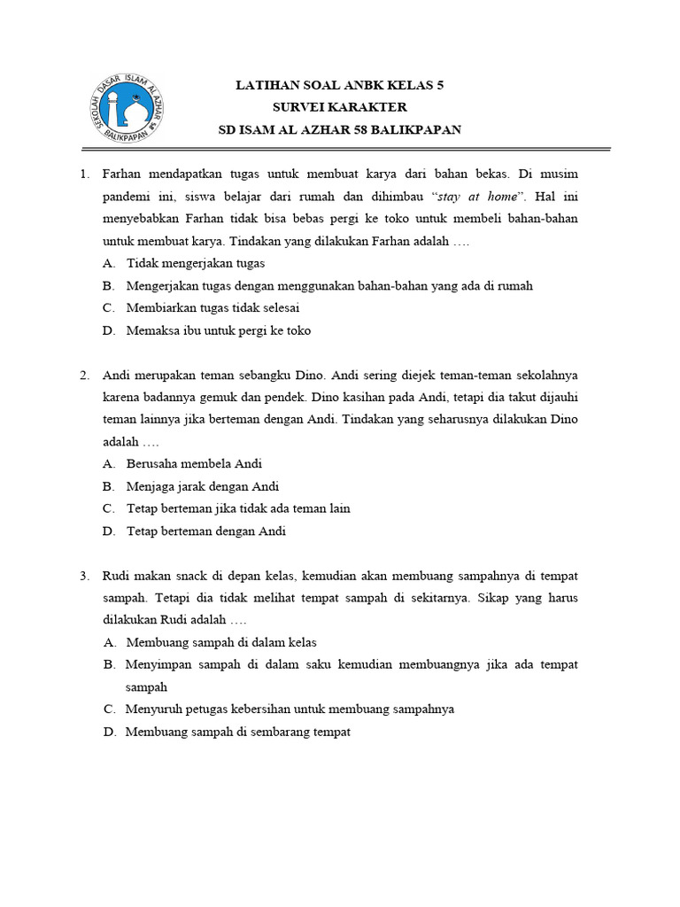 Contoh Soal Survei Karakter SD | PDF