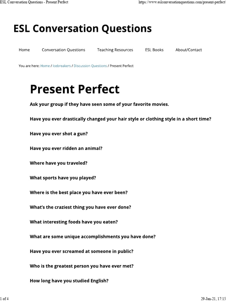 ESL Conversation Questions - Present Perfect PDF | PDF