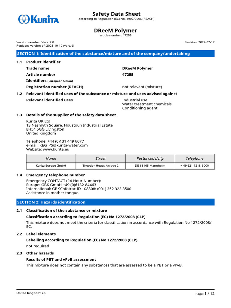 DReeM Polymer Safety Data Sheet | PDF | Working Conditions | Workplace