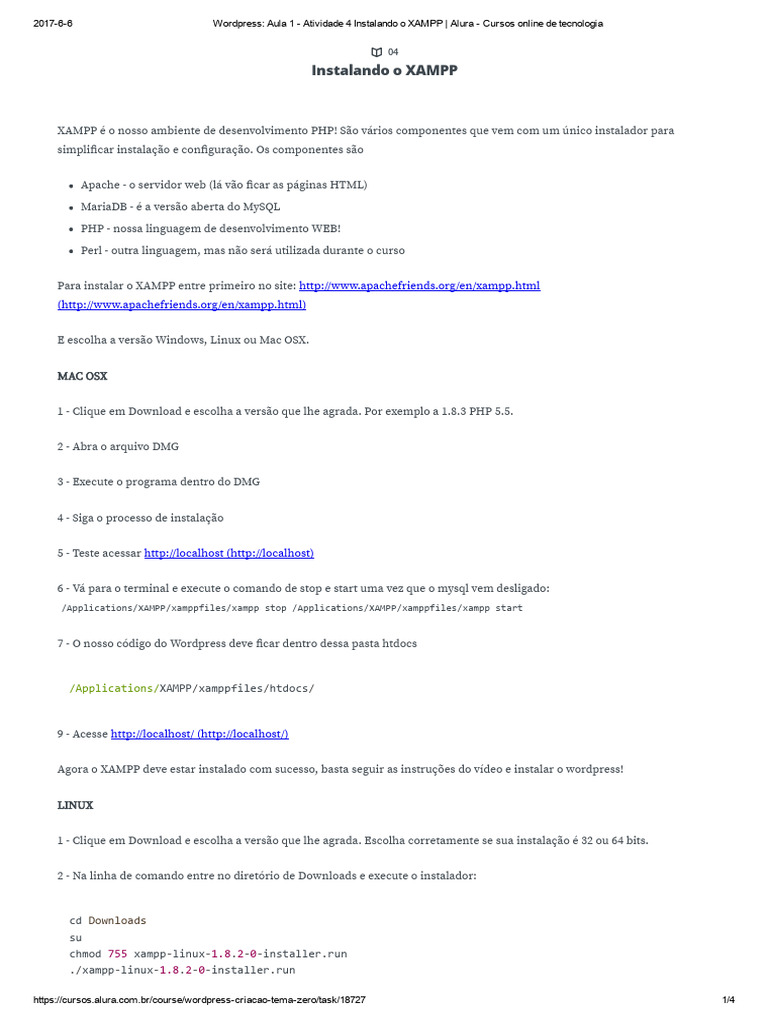 Wordpress - Aula 1 - Atividade 4 Instalando o XAMPP - Alura - Cursos ...