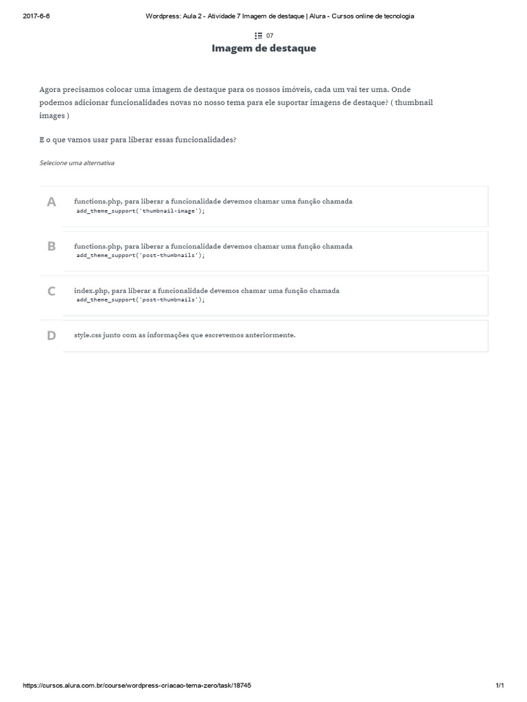 Wordpress - Aula 2 - Atividade 7 Imagem de Destaque - Alura - Cursos Online de Tecnologia | PDF