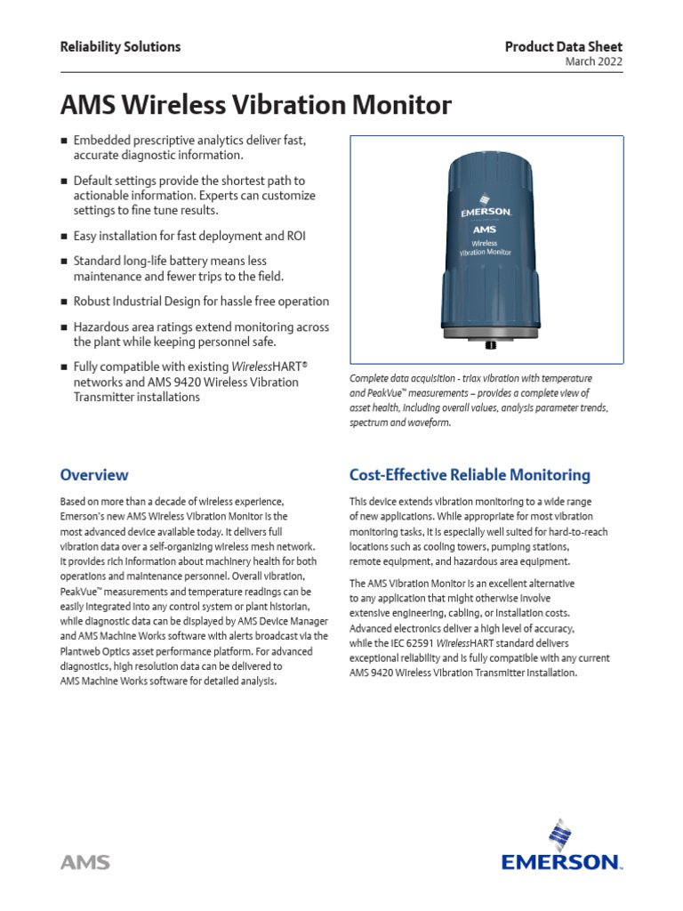 Product Data Sheet Ams Wireless Vibration Monitor Ams en 7030352 | PDF