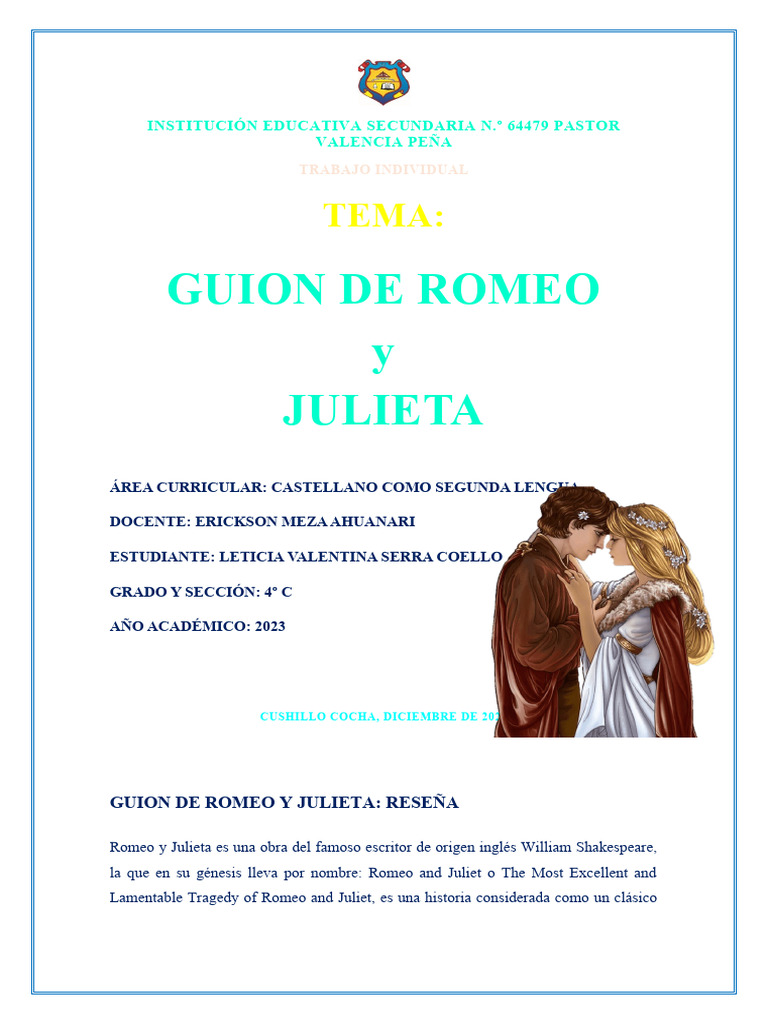 Guion de Romeo y Julieta: Reseña | PDF | Romeo y Julieta | Tragedias de Shakespeare