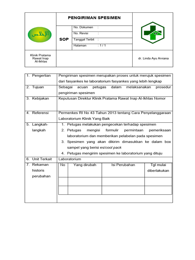 SOP Pengiriman Spesimen | PDF