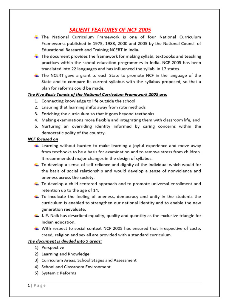 Salient Features of NCF 2005 | PDF | Teacher Education | Curriculum