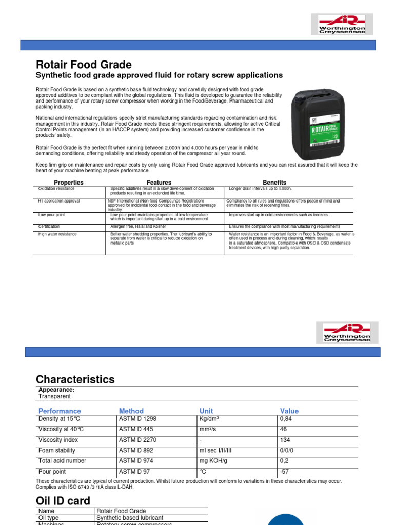 Rotair Food Grade Product Description (EN) | PDF | Lubricant ...
