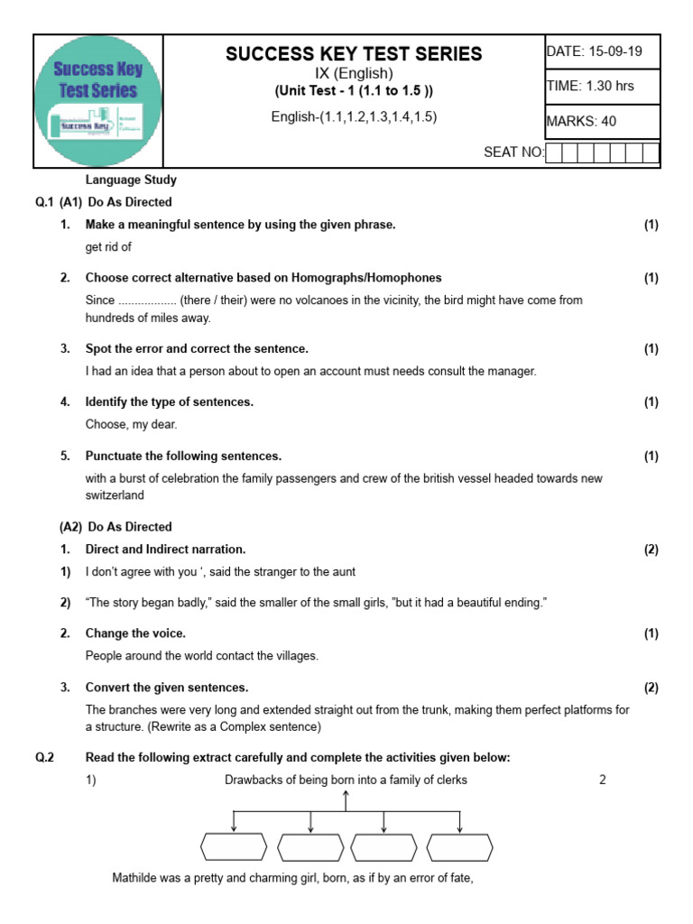 Class 9 E Unit T-1 English Q | PDF