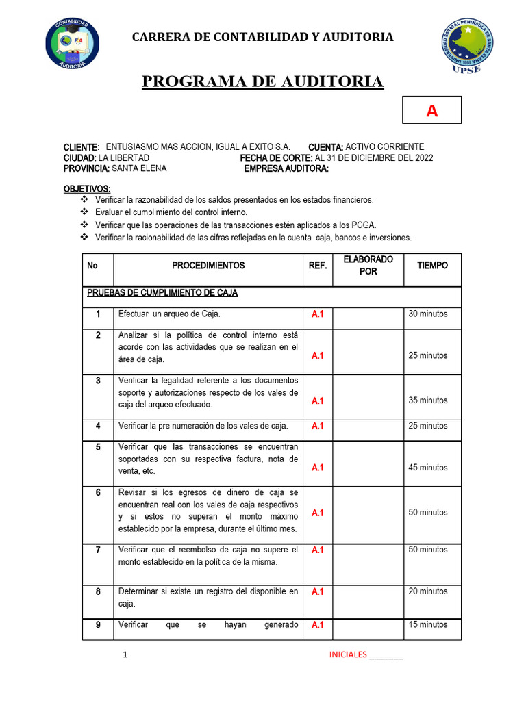 Programa de Auditoria Activo Corriente Nov 2023 | PDF | Auditoría | Negocios económicos