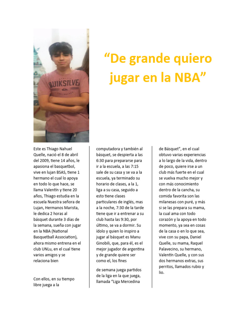 Biografía de Thiago Quelle, futuro basquetbolista | PDF