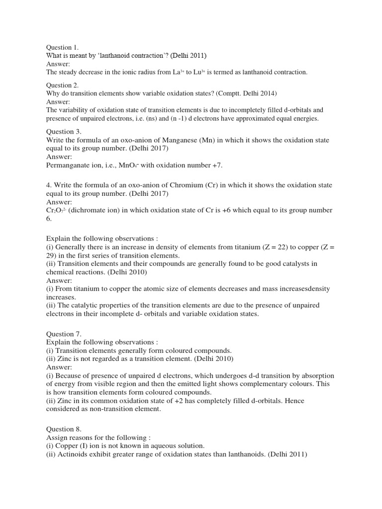 D Block Elements Imp Questions Pdf Transition Metals Lanthanide