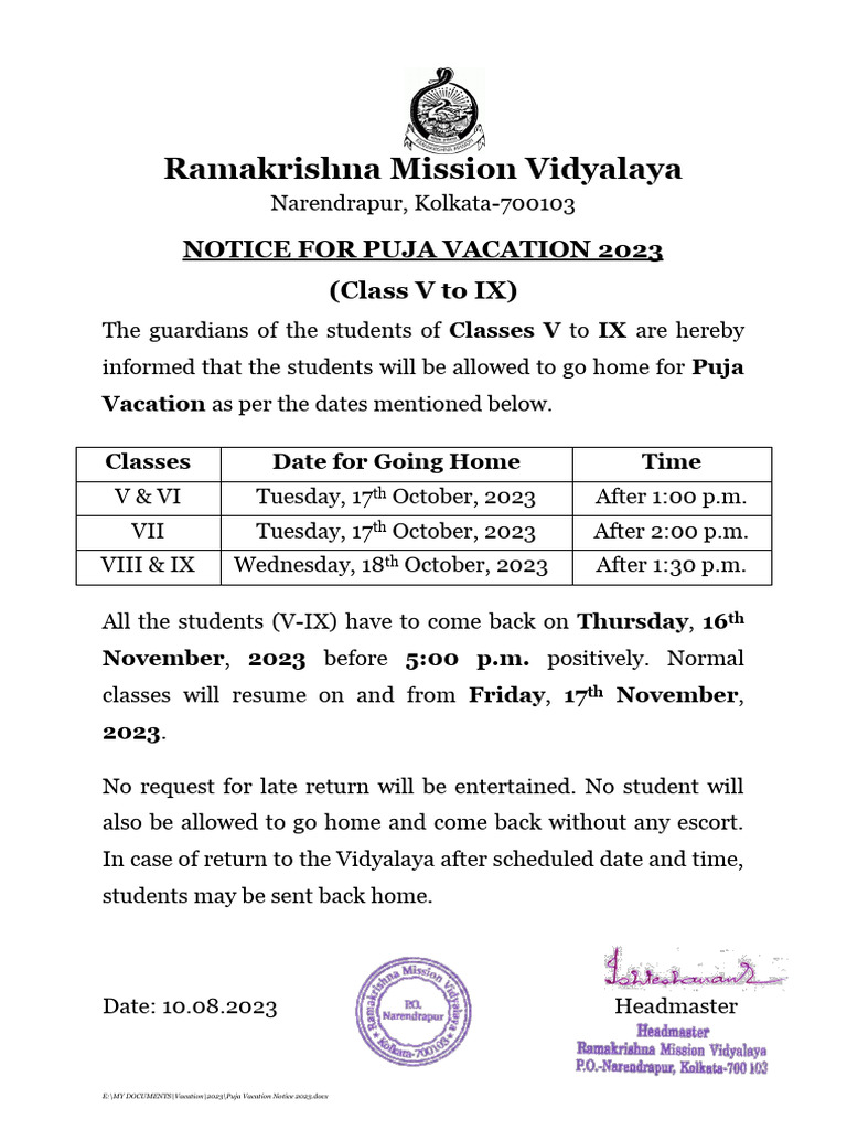 Puja Vacation Notice 2023 | PDF