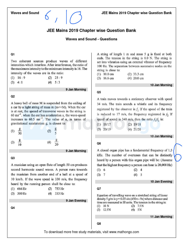 CQB Physics Jee Main 2019 Waves and Sounds | PDF