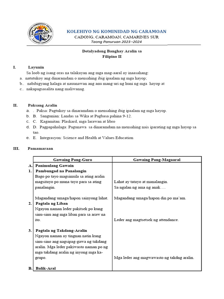Halimbawa NG Detalyadong Banghay Aralin | PDF