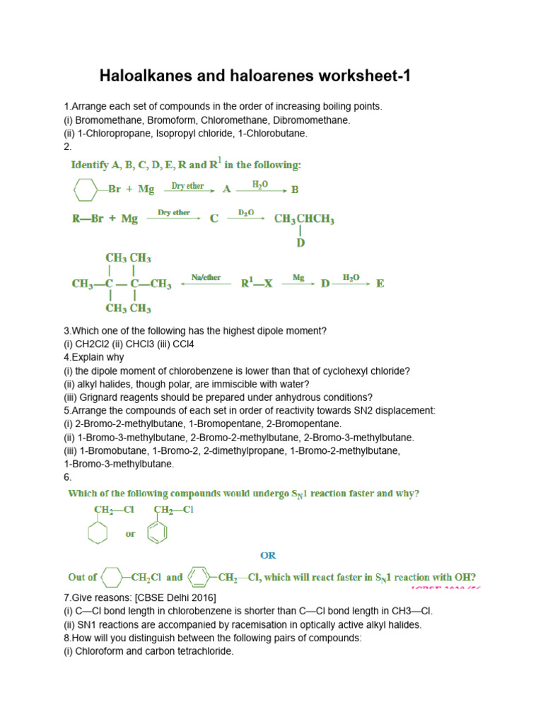 Haloalkanes and Haloarenes Worksheet-1 | PDF | Science & Mathematics