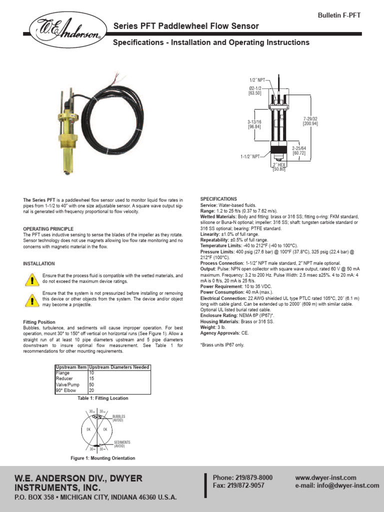Series PFT Paddlewheel Flow Sensor: Specifications - Installation and Operating Instructions ...