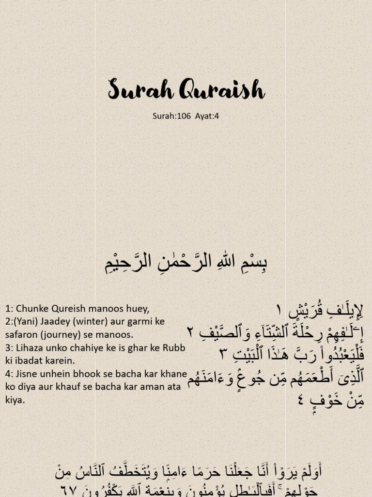 Surah Quraish: Transliteration and Meaning | PDF | Quran | Islam