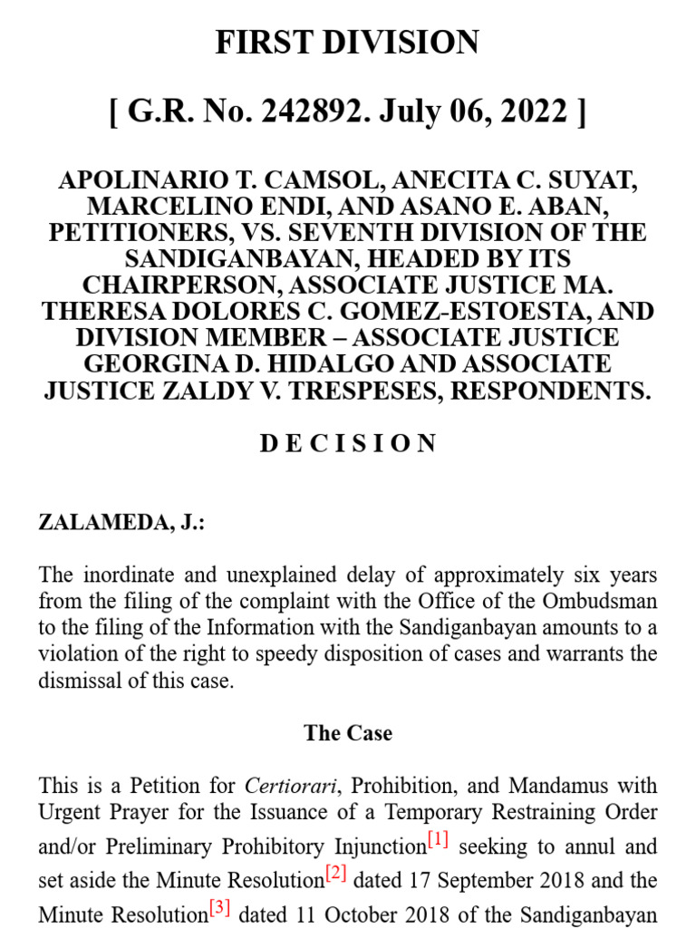 Camsol v. Sandiganbayan: Speedy Disposition | PDF | Burden Of Proof ...