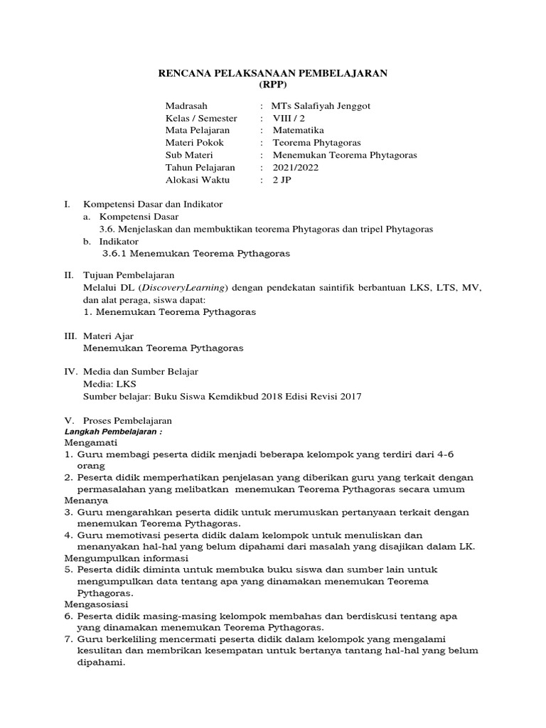 RPP Mat KLS 8 SMT 2 TP 2021-2022 | PDF