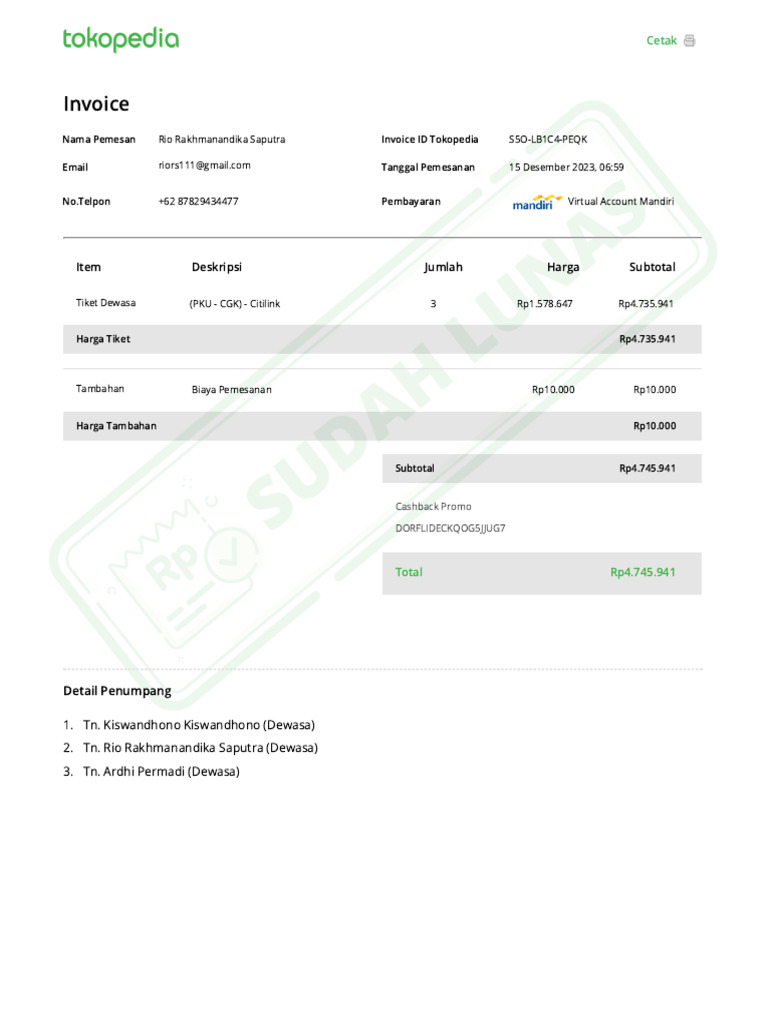 Invoice Tiket Pesawat Citilink | PDF