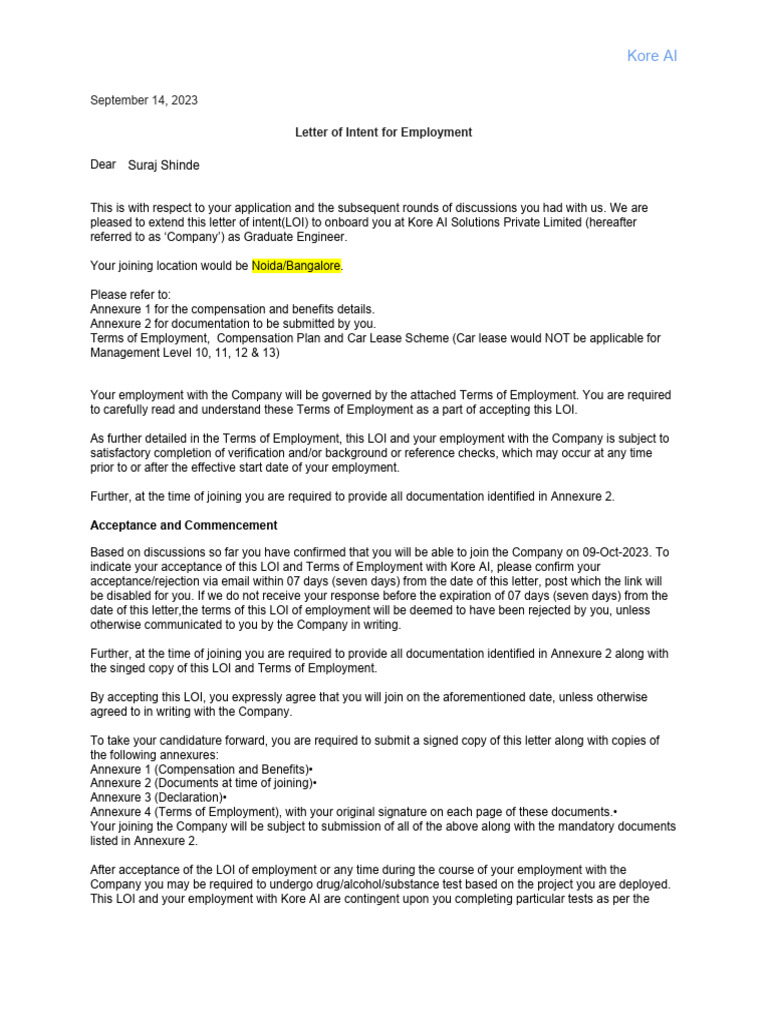 LOI 16th September 2023-22 | PDF | Insurance | Employment