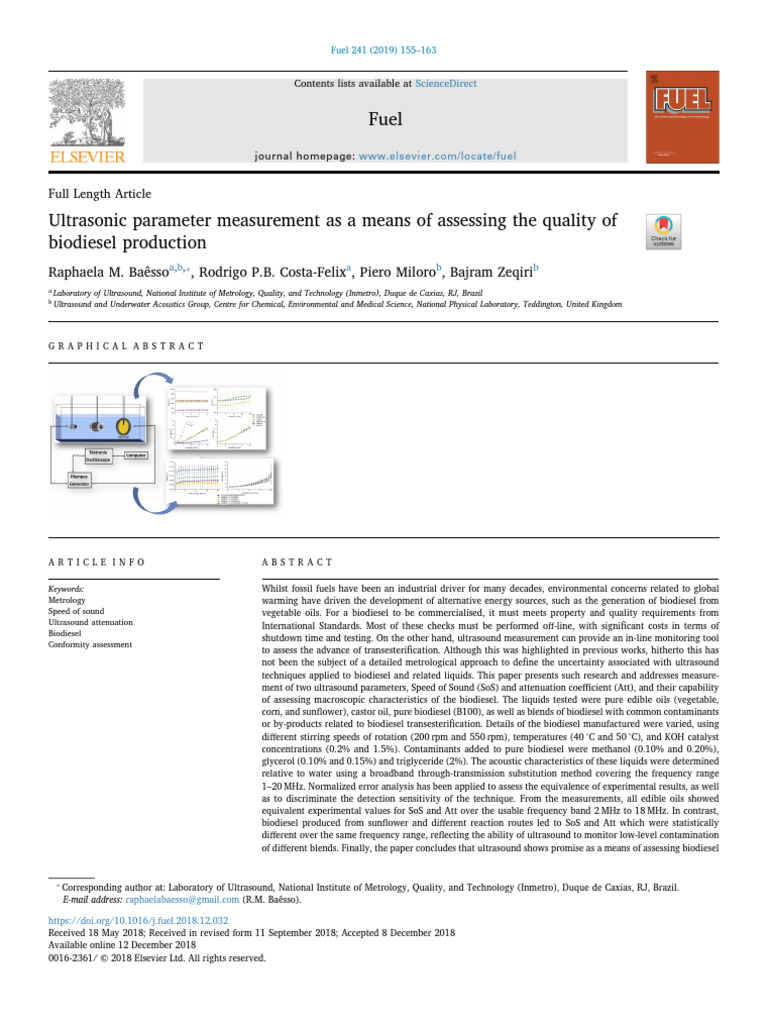 Ultrasonic Parameter Measurement As A Means of Assessing The Quality of Biodiesel Production ...